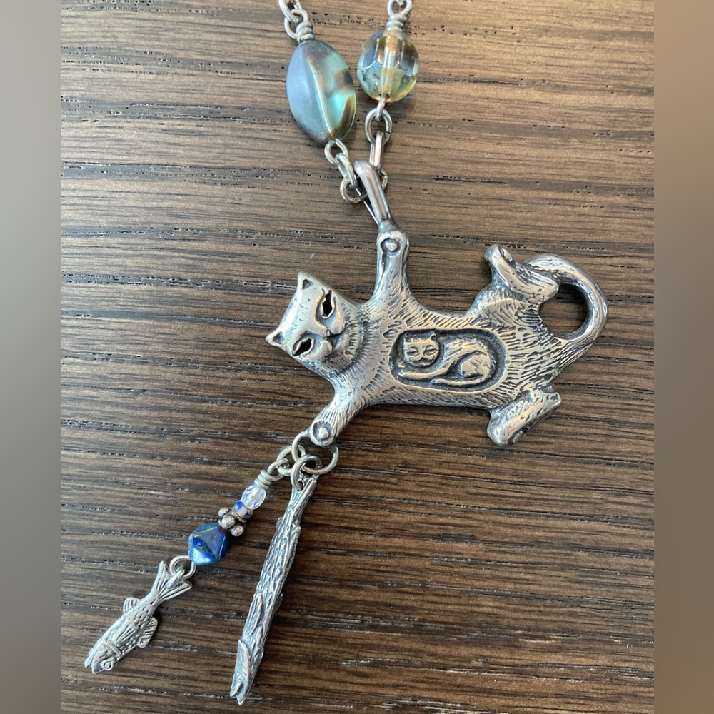 Vintage Robert Shields Sterling Silver Cat Necklace - Gem